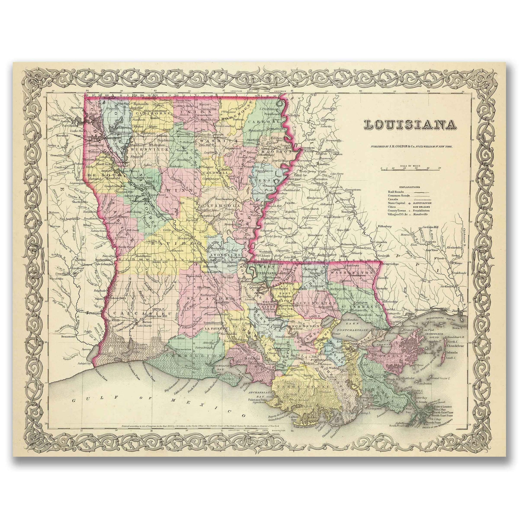 Louisiana Map - Vintage State Map by Colton for Unique Home Decor