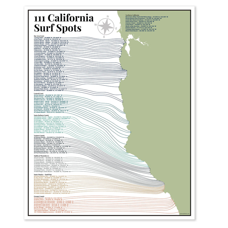 California Surfing Map - 111 Vintage Surf Spots | Archive Prints