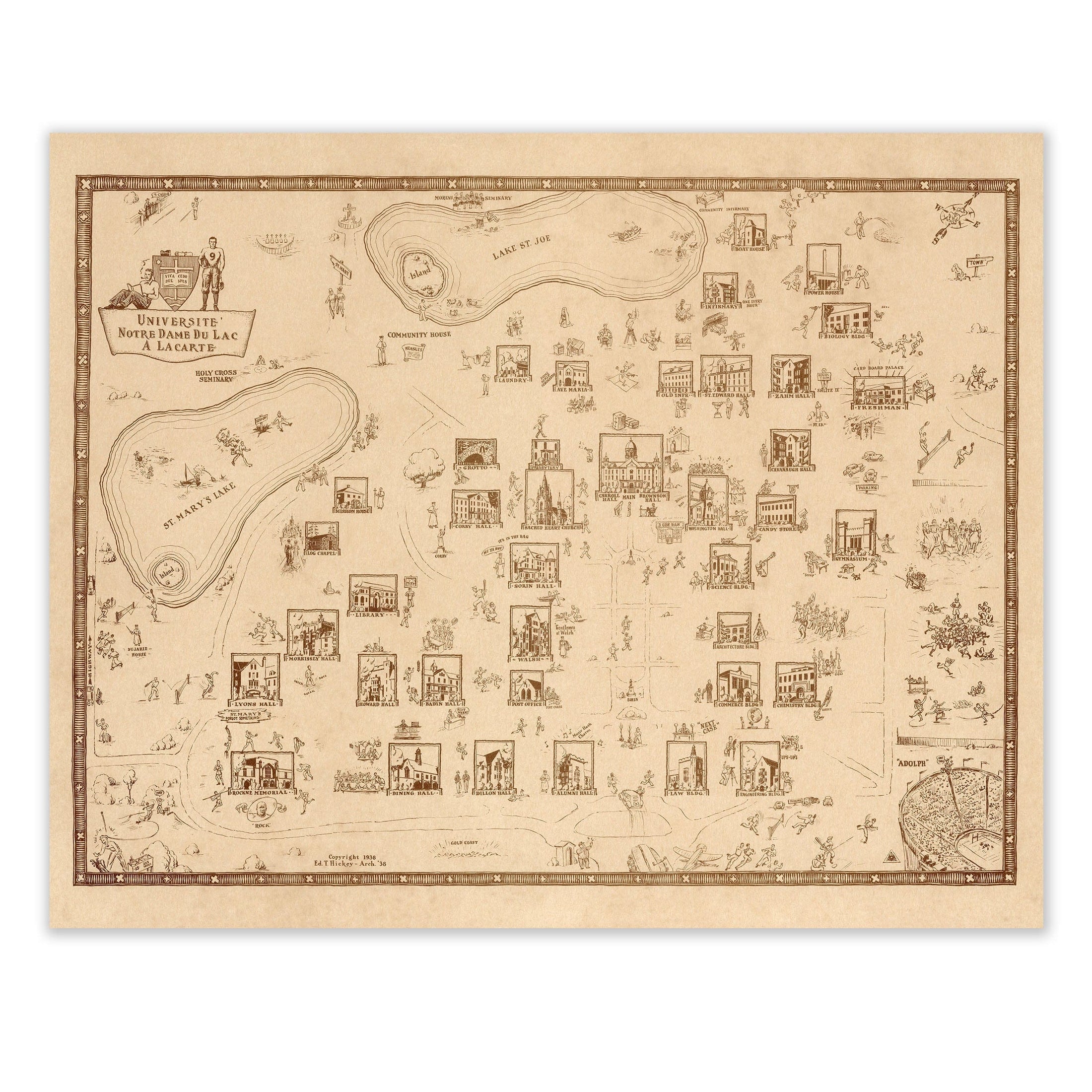 Université Notre Dame Campus Map 1938 - Ed Hickey Historic Map